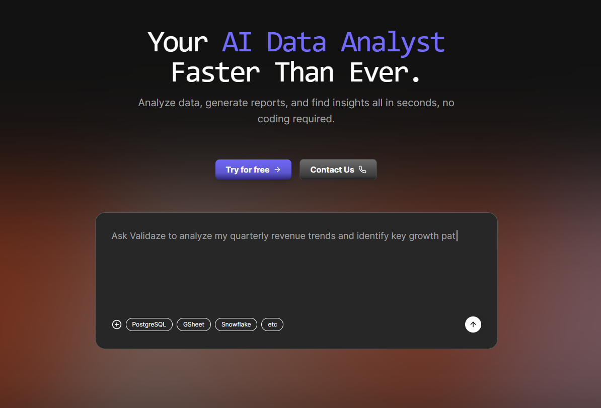 Validaze: AI-Powered Data Analysis | No-Code Analytics Platform